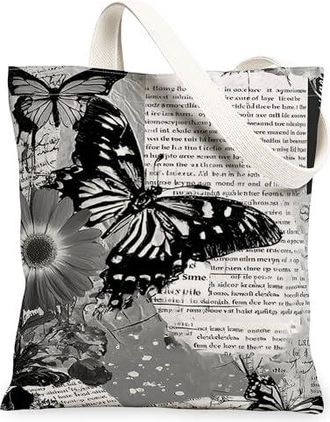 Generic Sacs fourre-tout en toile motif papillon, sacs d&eacute;picerie r&eacute;utilisables, l&eacute;gers et lavables avec bandouli&egrave;re en toile F, noir/blanc, 13x15 Inch