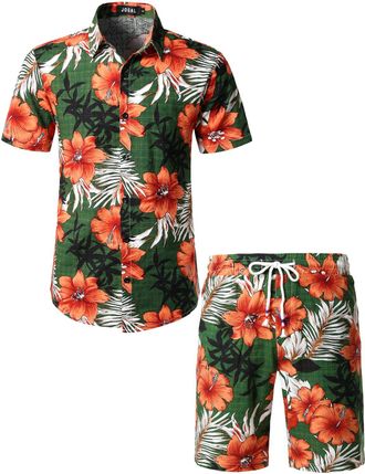 JOGAL Herren Blumen Kurzarm Baumwolle Hawaii Hemd Shorts Set (Grün, XXX-Large)