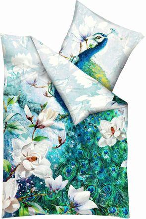 Kaeppel Mako Satin Digitaldruck Bettw&auml;sche 2 TLG. 135x200cm Pfau Blau Gr&uuml;n
