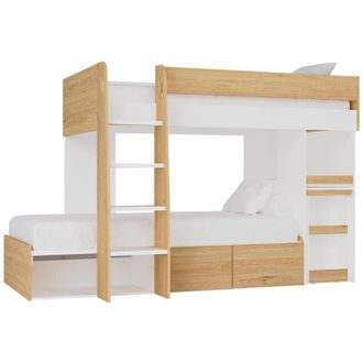 Vente-Unique Lits superpos&eacute;s 2 x 90 x 190 cm avec bureau et rangements - Coloris : Naturel et blanc - LOMIDEN