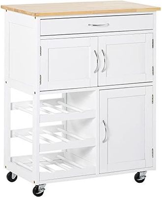 HOMCOM Desserte de Cuisine Multi rangements 2 placards tiroir casier 9 Bouteilles MDF Blanc Plateau Bois Caoutchouc