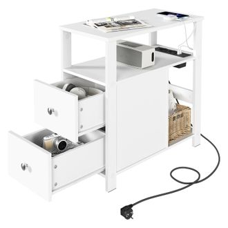 Woltu Beistelltisch mit Steckdose, Nachttisch mit Ladefunktion, Sofatisch schmal, mit 2 Schubladen 2 Ablagen 1 Fach, f&uuml;r Wohnzimmer Schlafzimmer, 60x60x30 c