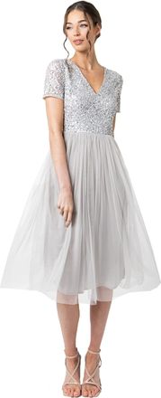 Maya Damen Abendkleid mit Pailletten-Cocktailkleid V-Ausschnitt-Tüllkleid Kurzen Ärmeln Brautjungfernkleid, Soft Grey, 50 EU