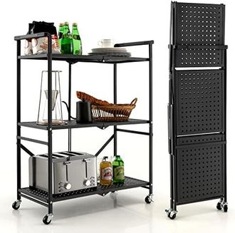 Giantex Chariot de Rangement &agrave; 3 Niveaux, Chariot &agrave; roulettes Pliable avec Verrouillables, Desserte de Cuisine Service, &Eacute;tag&egrave;re de Rangement pour Cuisine, Sal