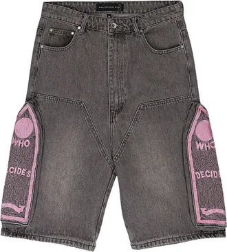 Who Decides War by Ev Bravado Bestickte Jeans-Shorts - Grau