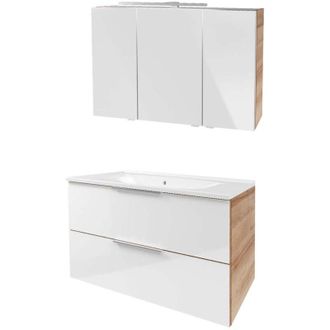 Fackelmann b. brillant Badmöbel Set 3-teilig 100 cm, Weiß Glas/Braun hell, LED-Spiegelschrank-90320145