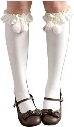 Generico Chaussettes au genou avec noeud et bordure en dentelle style printemps (2 paires), 1, Taille Unique