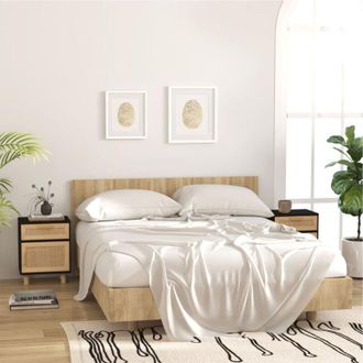vidaXL Tables de chevet 2 pcs Noir Bois de pin massif et rotin naturel Vidaxl