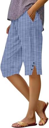 Generic Short à rayures fines pour femme en coton et lin longueur genou avec ourlet fendu boutonné court de détente short de pyjama doux pantalon de pyjama qu