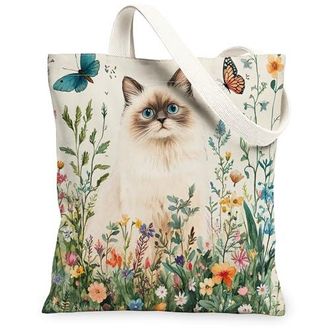 Generic Sac fourre-tout en toile motif chat ragdolls printanier 33 x 38,1 cm, sac d&eacute;picerie r&eacute;utilisable vintage pour femme, chaton, animal domestique, peintu