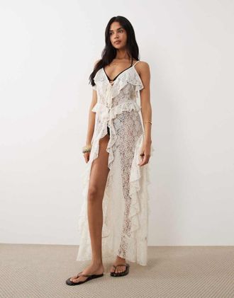Miss Selfridge Maxi-Strandkleid aus naturfarbener Spitze mit schmalen Tr&auml;gern und Bindedetail-Wei&szlig;