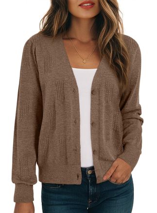 Dokotoo Damen Strickjacke Elegant V-Ausschnitt Kurzer Cardigan Einfarbig Langarm Dirndl Jacke mit Knopf, Khaki, M