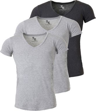 Young & Rich Herren Uni T-Shirt mit extra tiefem V-Ausschnitt Slimfit Stretch Dehnbare Passform einfarbiges Basic Shirt - 3er Pack, Gr&ouml;sse:XXL, Farbe:2 x Grau / 1 
