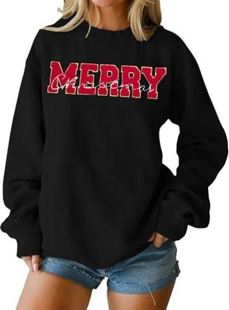 Generic Sweat-shirt de No&euml;l confortable pour femme 2025 &laquo; Merry Christmas &raquo; pour femme avec inscription &laquo; Merry And &raquo; - Pull d&eacute;contract&eacute; &agrave; col rond pour int&eacute;r