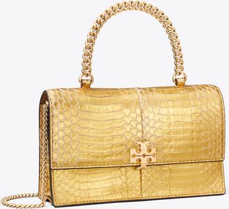 Tory Burch Mini Charlie Crossbody Bag aus Schlangenleder mit Tragegriff oben