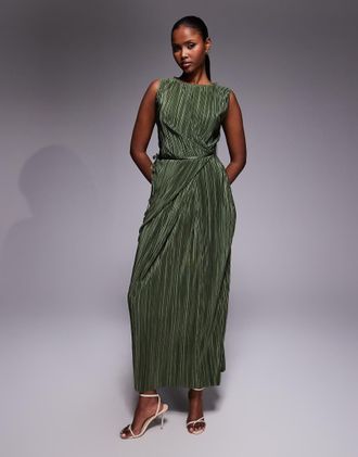 Asos Robe pliss&eacute;e longue et sans manches avec d&eacute;tail crois&eacute; et nou&eacute; &agrave; lavant - Kaki-Vert