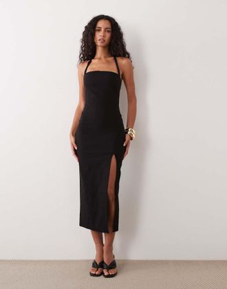 Vesper robe midi en bengaline &agrave; col halter avec fente sur la cuisse en noir