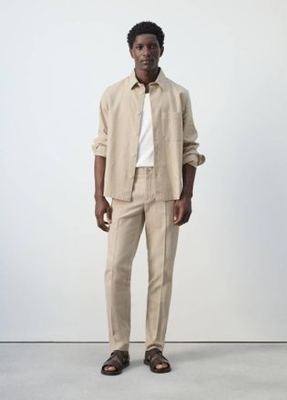 Mango Chemise &agrave; rayures en m&eacute;lange de lin et coton beige - Homme - XXL - MANGO MAN