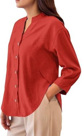 Generic Chemises &agrave; manches 3/4 pour femme - Hauts en coton - Grande taille - D&eacute;contract&eacute; - En coton et lin - Tendance - L&eacute;ger - Confortable - Manches longues 