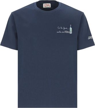 Saint Barth Homme, Tops, Bleu, Taille: S T-shirt en Coton Bleu avec Broderie