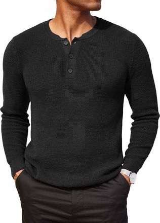 Coofandy Herren Henley Pullover Strickpullover Winterpullover mit Kn&ouml;pfe Sweater Grobstrickpullover Waffel Pulli Schwarz S