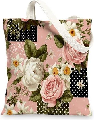 Generic Sacs fourre-tout vintage en toile à motif floral, sacs dépicerie réutilisables, légers et lavables avec bandoulière, pêche, 13x15 Inch