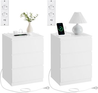 Vasagle Kailyn Kollektion - Nachttisch mit Steckdosenleiste, 2er Set, Beistelltisch, 3 Schubladen, 2 AC-Steckdosen, 2 USB-A-Anschl&uuml;sse, modern, wolkenwei&szlig; LET