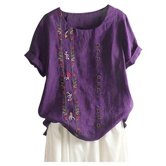 Generic T-shirt pour femme avec broderie r&eacute;tro en coton et lin - Chemise d&eacute;contract&eacute;e &agrave; manches courtes, lilas, XXL