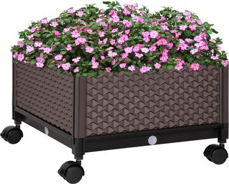 OUTSUNNY Hochbeet 1-teilig mit Rollen Pflanzkasten mit Abflussl&ouml;chern Blumenkasten Blumenk&uuml;bel Kunststoff Braun 50 x 50 x 33 cm