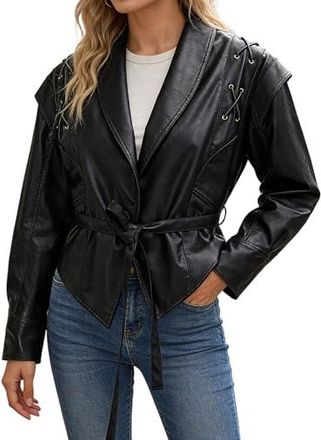 Generic Veste en cuir pour femme - Style r&eacute;tro surdimensionn&eacute; - Marron - Veste en similicuir avec ceinture - Tenue dautomne pour femme - Tendance printemps, N