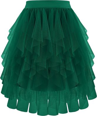 Bbonlinedress Damen T&uuml;llrock gr&uuml;n Tulle Skirt Knielang Tutu Petticoat Unterrock Cosplay Rock Kurz Tanzrock Elastisch T&uuml;ll Ballett Kost&uuml;me Karneval Fasching Dark Gre
