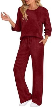 Generic Pyjama deux pièces pour femme - Tenue de détente 2025 assortie - Haut à manches longues - Pantalon large - Confortable, bordeaux, XXL