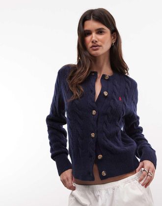 Polo Ralph Lauren gilet en maille torsad&eacute;e m&eacute;lange de laine &agrave; logo iconique bleu marine