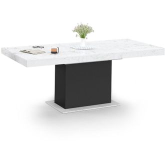IDMarket Ausziehbarer rechteckiger Esstisch EDEN 6-10 Personen Platte mit Marmoreffekt wei&szlig; ALASKA und schwarz 160-200 cm