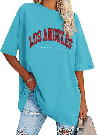 Dresswel Oversized T Shirt Damen Los Angeles California Brief drucken Vintage T-Shirt Kurzarm Rundhals Sommer Oberteile Lose Bluse Lang Tunika Top f&uuml;r Teenager