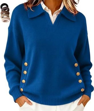 Generic Pull en tricot confortable avec boucle en m&eacute;tal pour femme - Col - Manches longues - Doux - Pour un usage quotidien, bleu, XXL