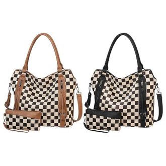 Generic Sac &agrave; provisions en cuir synth&eacute;tique &agrave; carreaux - Sac d&eacute;contract&eacute; pour femme et fille - Cadeau (marron)