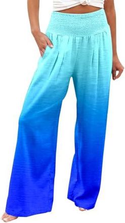 Generic Pantalon en coton et lin pour femme - Jambe large - Pantalon de plage d&eacute;t&eacute; confortable - Pantalon de yoga Palazzo - XIYU26093, bleu, 3XL