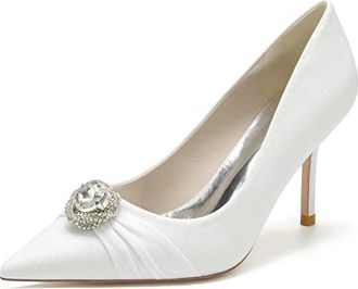 Generic Escarpins Femme Confortable Chaussure &Agrave; Talon Satin Chaussures De Mari&eacute;e De Mariage Bout Pointu Slip-on Stylet Talons 8.5Cm,Blanc,39 EU