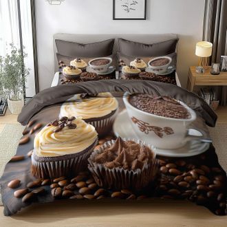 Generic Kaffee Bettw&auml;sche 140x200 3teilig, Kuchen Bettbezug 140x200 cm mit 2 Kissenbez&uuml;gen Weich 3D Wende Bettw&auml;sche Set Atmungsaktiv Pflegeleicht M/2088