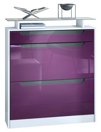 Vladon Schuhschrank Fiesta, Wei&szlig; matt/Brombeer Hochglanz/Grau Hochglanz Schuhkipper f&uuml;r 16 Paar Schuhe mit 2 Klappen (89 x 104 x 23 cm)