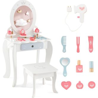 Costway Costway - 2 en 1 Coiffeuse Enfants avec Tabouret & Miroir Ovale Amovible, Table de Maquillage en Motif Couronne avec 10 Jouets dHabillage, Tiroir