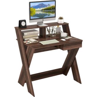 Costway Costway - Bureau dOrdinateur avec Tiroir, Bureau Informatique en Forme de x avec Support d&Eacute;cran, Repose-Pieds, Table de Bureau pour &Eacute;tudier, Jouer