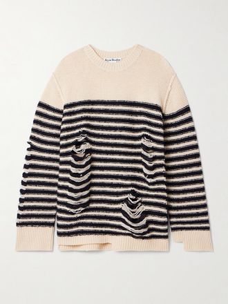 Acne Studios Pullover Aus Einer Gestreiften Wollmischung In Distressed-optik - Creme