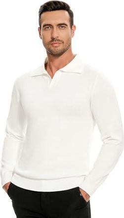 iClosam Sweater Homme &agrave; Col Polo Pull Tricot&eacute; D&eacute;contract&eacute; Style Minimaliste Chandail Uni &agrave; Manches Longues pour Style Urbain et &Eacute;l&eacute;gant, Blanc cr&egrave;me, M