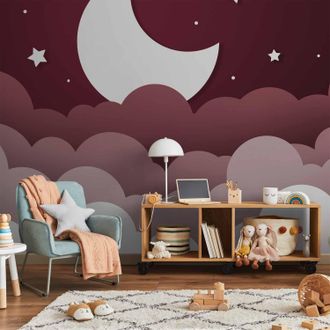 OEM Carta Da Parati - Sogno Della Luna - Nuvole Nel Cielo Bordeaux Con Stelle Per Bambini