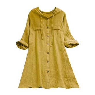 Generic Chemise Femme Coton Et Lin Chic en D&eacute;contract&eacute; Chemisiers Et Blouses D&eacute;t&eacute; Manches Longues &Agrave; Col en V Loose Haut Leger Comfy Tunic &Agrave; La Mode Coton Lin 
