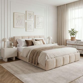 IDIMEX Polsterbett Cloudy gepolstert 180 x 200 cm, Beige - modernes Doppelbett mit Boucl&eacute; Stoffbezug, inklusive Lattenrost und R&uuml;ckenlehne, gepolstertes Kopf