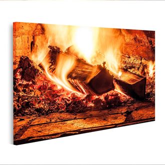 Islandburner Bild auf Leinwand Kaminfeuer Abendstimmung W&auml;rme Holzscheit Bilder Wandbilder 80x40cm