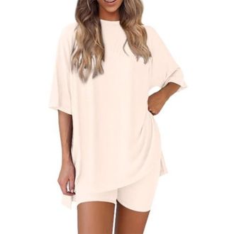 Generic Frunqui Ensemble 2 pi&egrave;ces, ensemble de pantalons d&eacute;t&eacute; pour femme, ensemble d&eacute;t&eacute; pour femme, col rond, manches courtes, Rose A, XXL